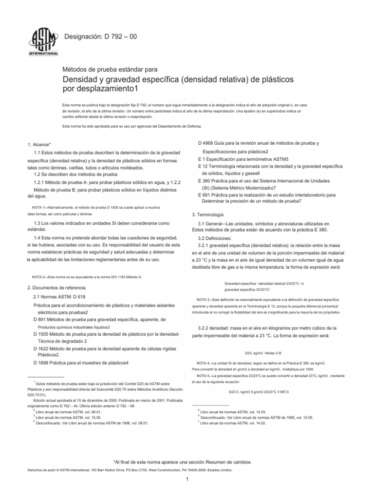 Norma ASTM D792 Densidad Por Desplazamiento (1) EN ESPAÑOL | PDF | Densidad | Agua