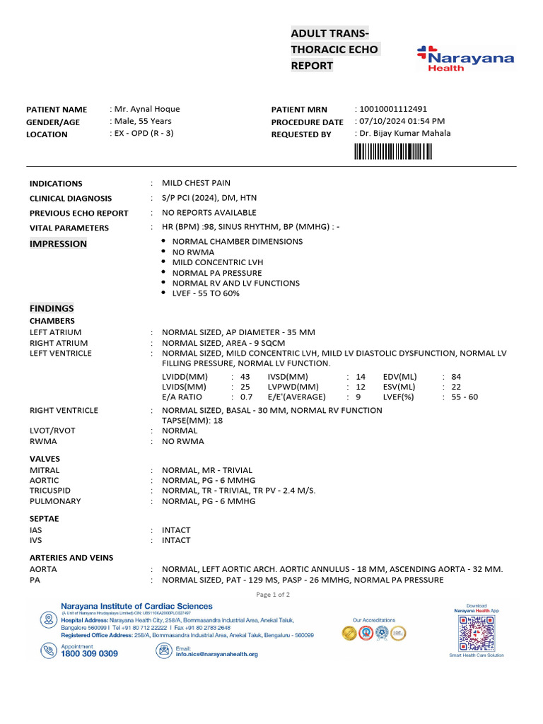 Adult Echo Report Summary | PDF | Ventricle (Heart) | Aorta