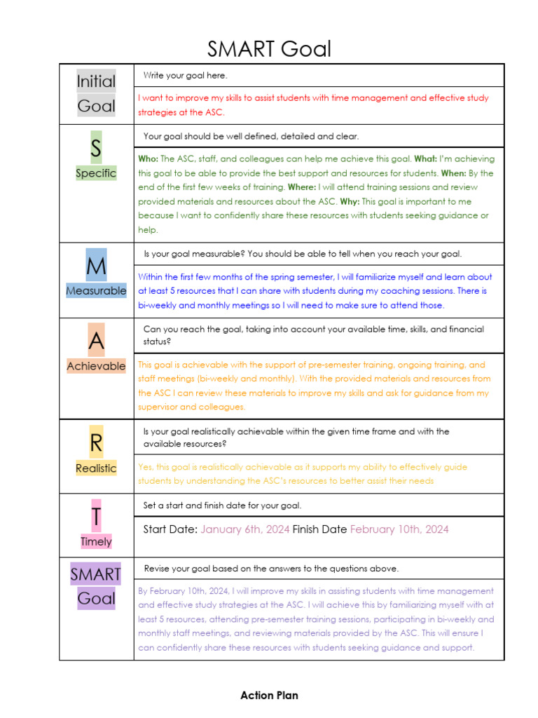 SMART Goals Worksheet Color With Action Plan 1 | PDF | Goal ...