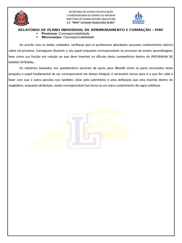 Relatório de Piaf Corresponsabilidade | PDF