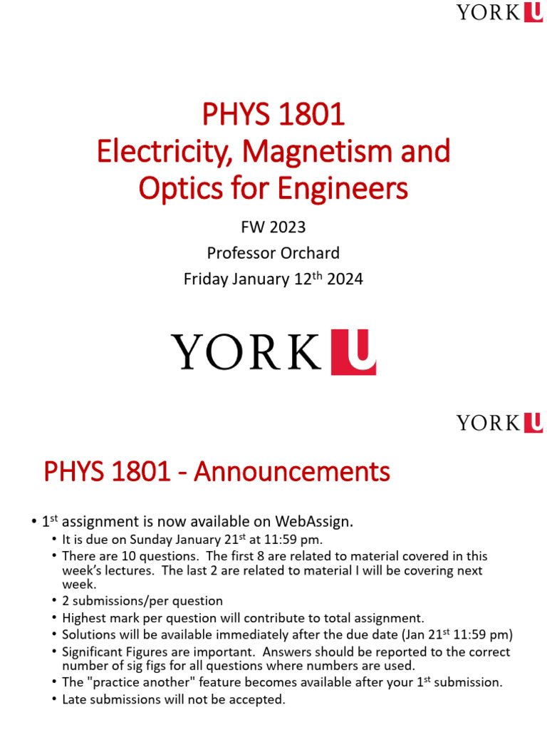 01(Jan)-12-PHYS 1801 (1) | PDF | Electric Field | Force