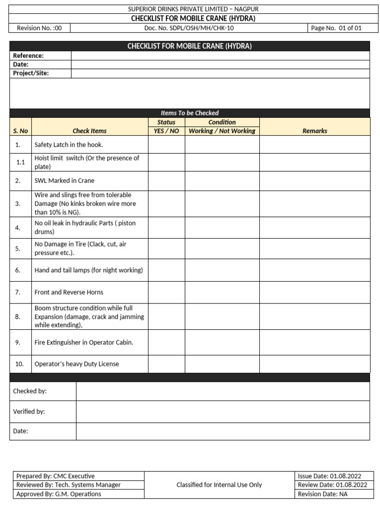 Checklist For Mobile Crane-HYDRA | PDF