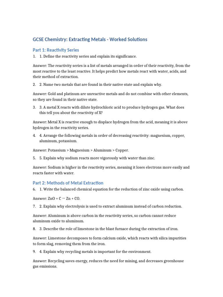 GCSE Chemistry: Metal Extraction Methods | PDF | Metals | Aluminium