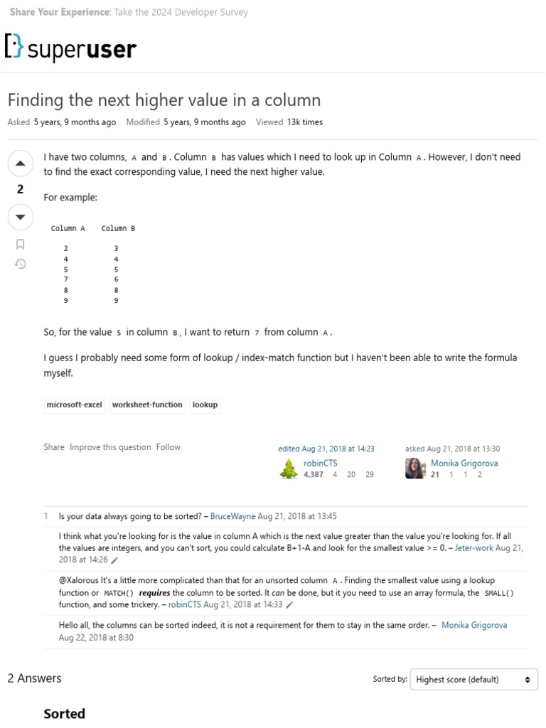 Microsoft Excel - Finding The Next Higher Value in A Column - Super ...