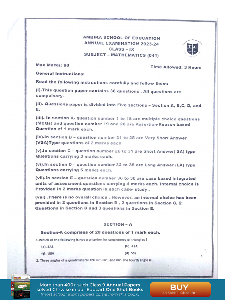 Ambika School of Education Paper 61 Maths | PDF