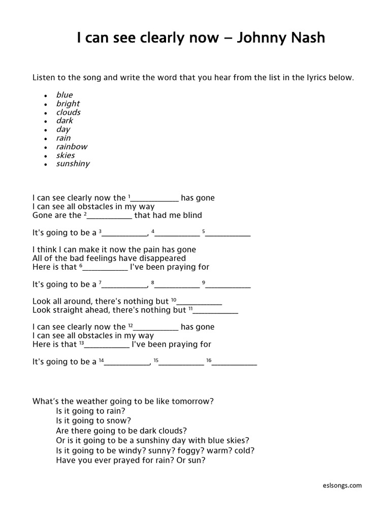 Lyrics Activity for "I Can See Clearly Now" | PDF
