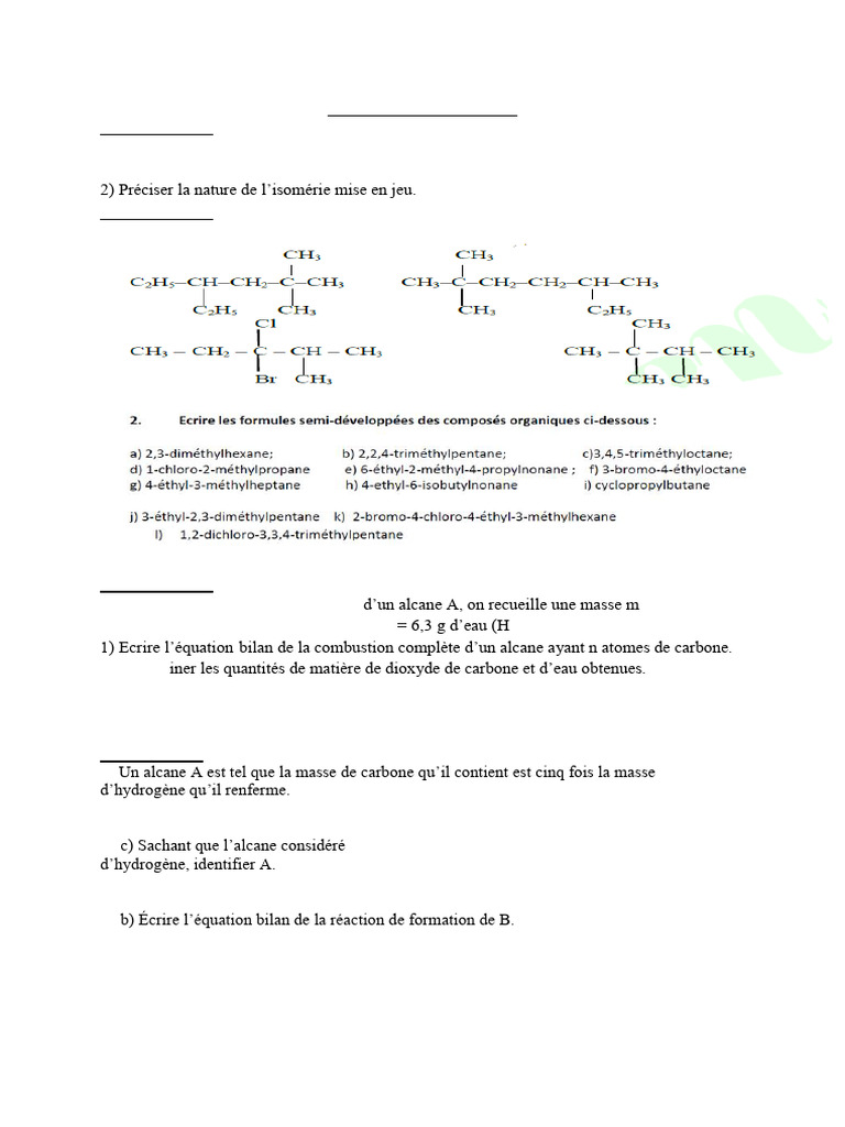 Exercices corrigés sur les alcanes | PDF