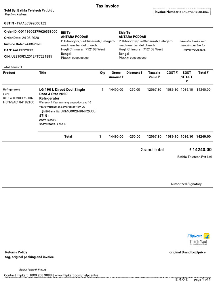 LG Refrigerator Purchase Invoice | PDF | Taxes | Government Finances