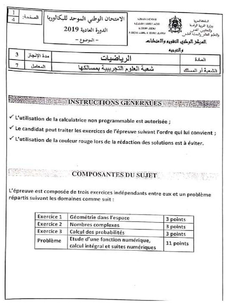 e-sujet-de-lexamen-national-bac-Maroc-2019-Math-sciences-experimentales ...