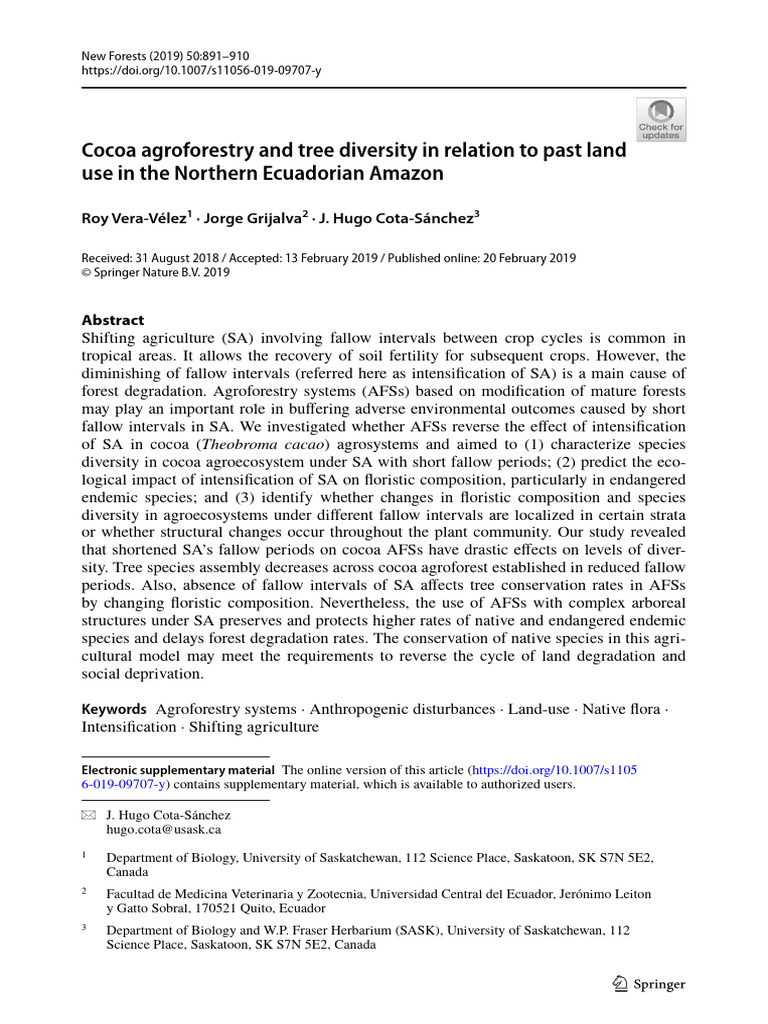 Cocoa agroforestry and tree diversity in relation to past land use in ...