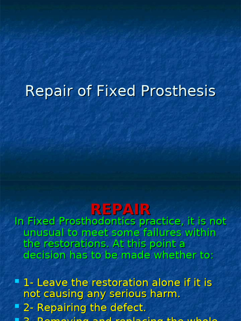 Fixed Prosthesis Repair Techniques | PDF | Materials | Dentistry Branches