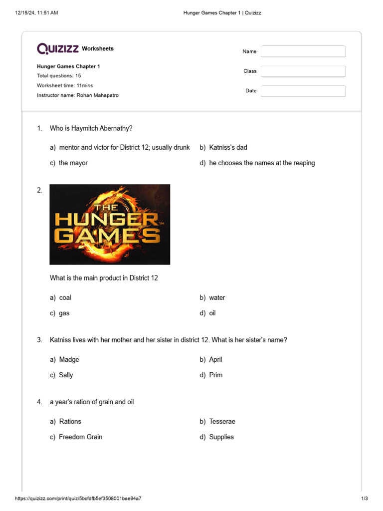 Hunger Games Chapter 1 Quiz | PDF | The Hunger Games | Science Fiction ...