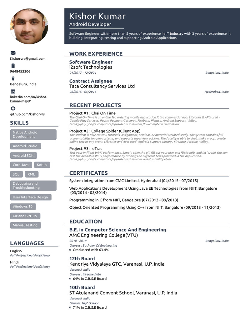 Experienced Android Developer Profile | PDF | Android (Operating System) | Application Software