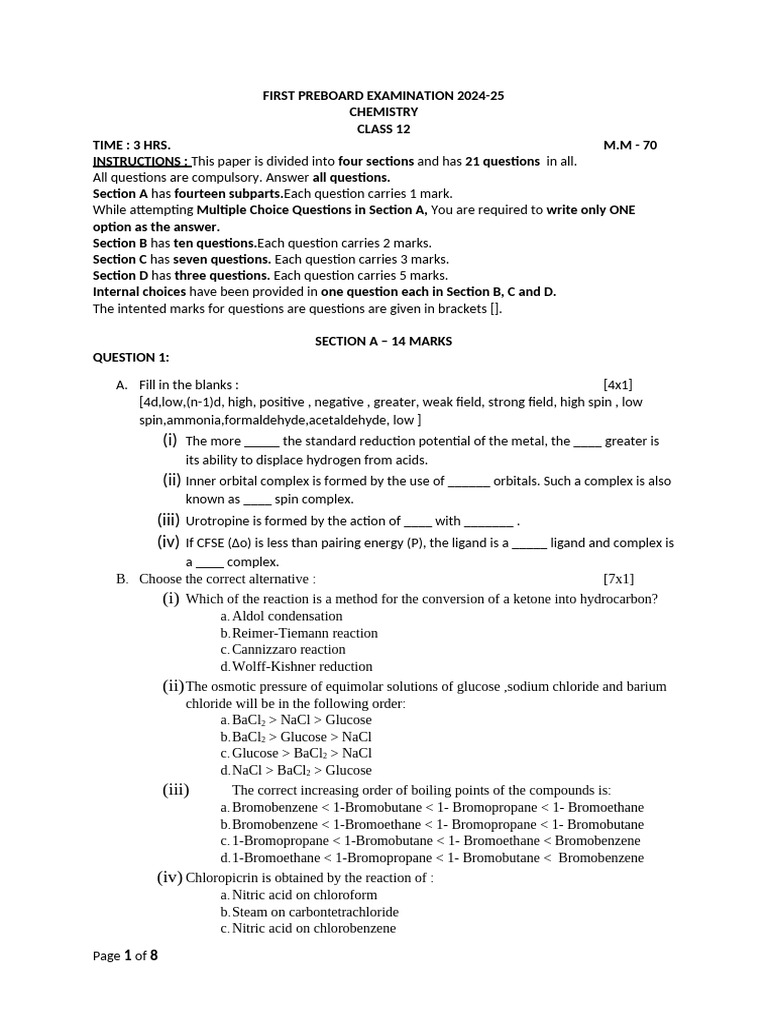 Class 12 FIRST PREBOARD EXAMINATION 2024-25 | PDF | Ether | Water