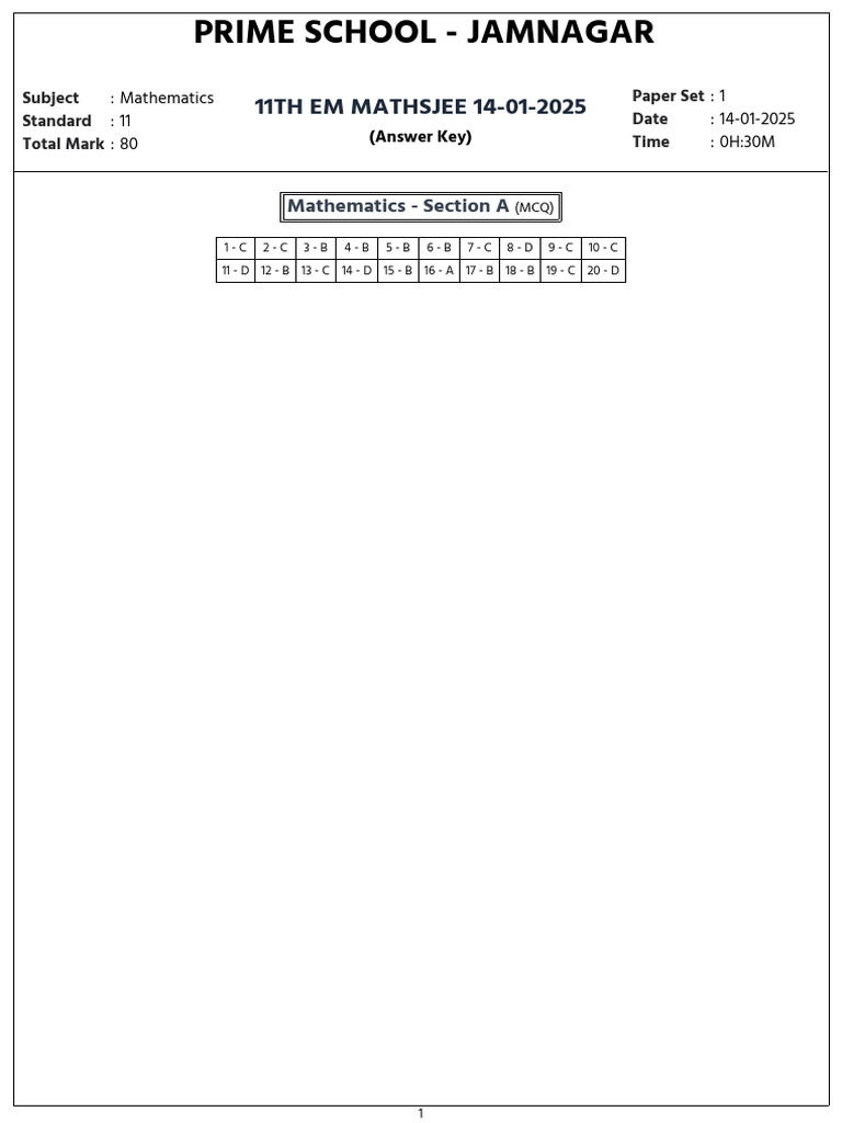 Ans Key 11TH - em - Mathsjee - 14-01-2025 | PDF