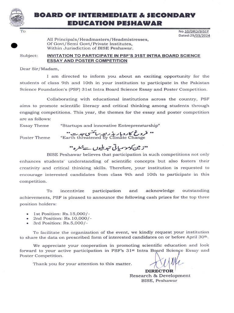 Invitation - PSF - Intra Board Science Essay & Poster Competition | PDF