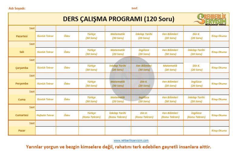 LGS Gunluk Ders Calisma Programi 120 Soruluk | PDF