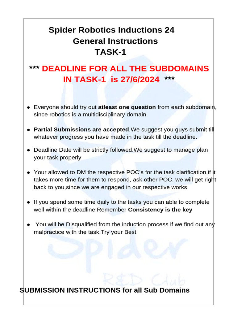 Spider - Robotics - Inductions-24-General Instructions | PDF | You Tube ...