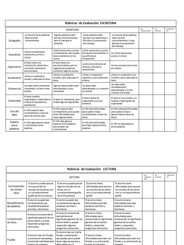 Rúbricas de Evaluación: Escritura, Lectura y Oralidad | PDF | Escritura ...