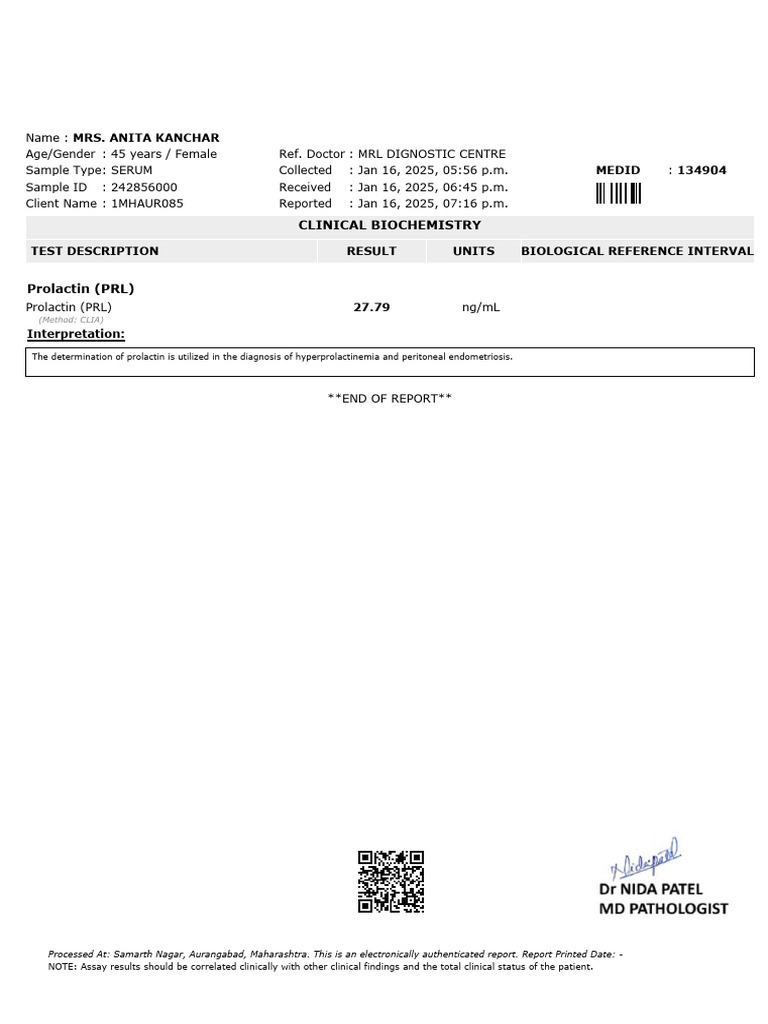 Prolactin Test Results for Anita Kanchar | PDF