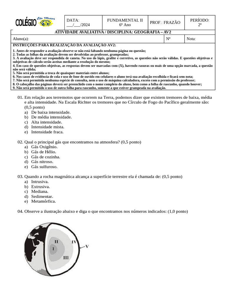 6ºANO_AV2_FUND_II_2ºBIM_2024 | PDF | Terra | Rocha ígnea