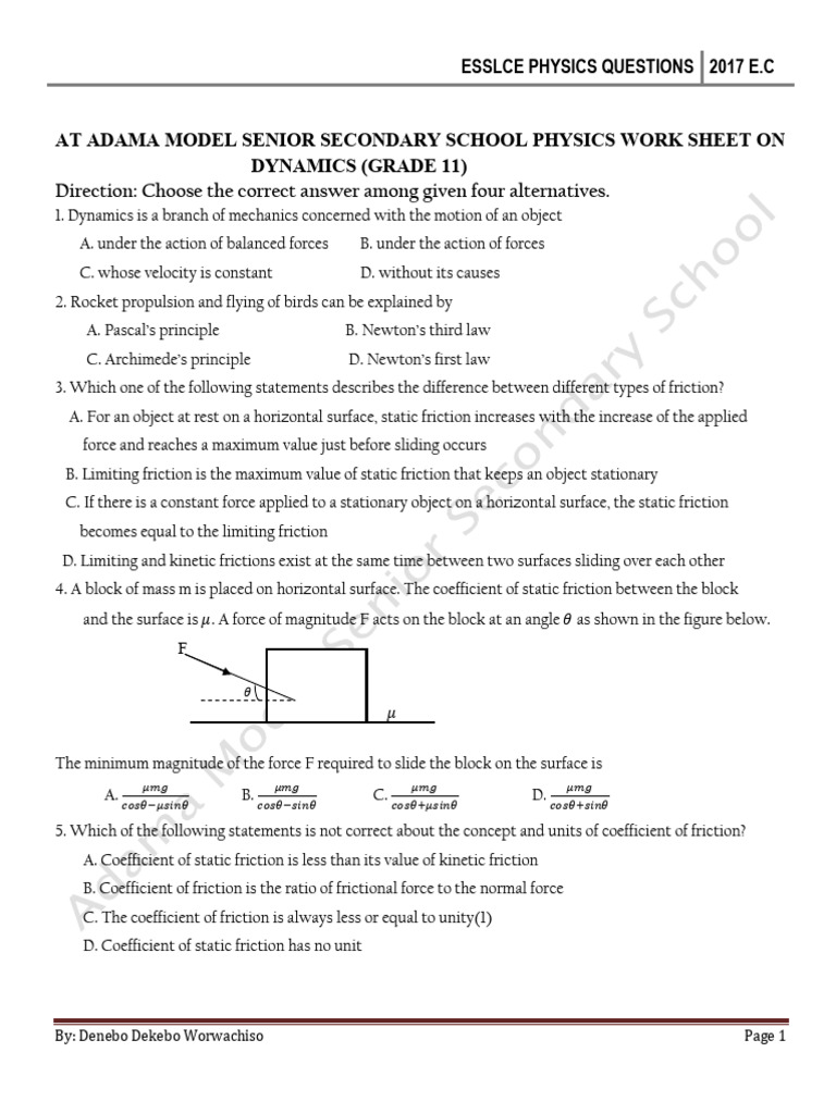 Denebo-Work Sheet On Dynamics 1st | PDF | Force | Friction