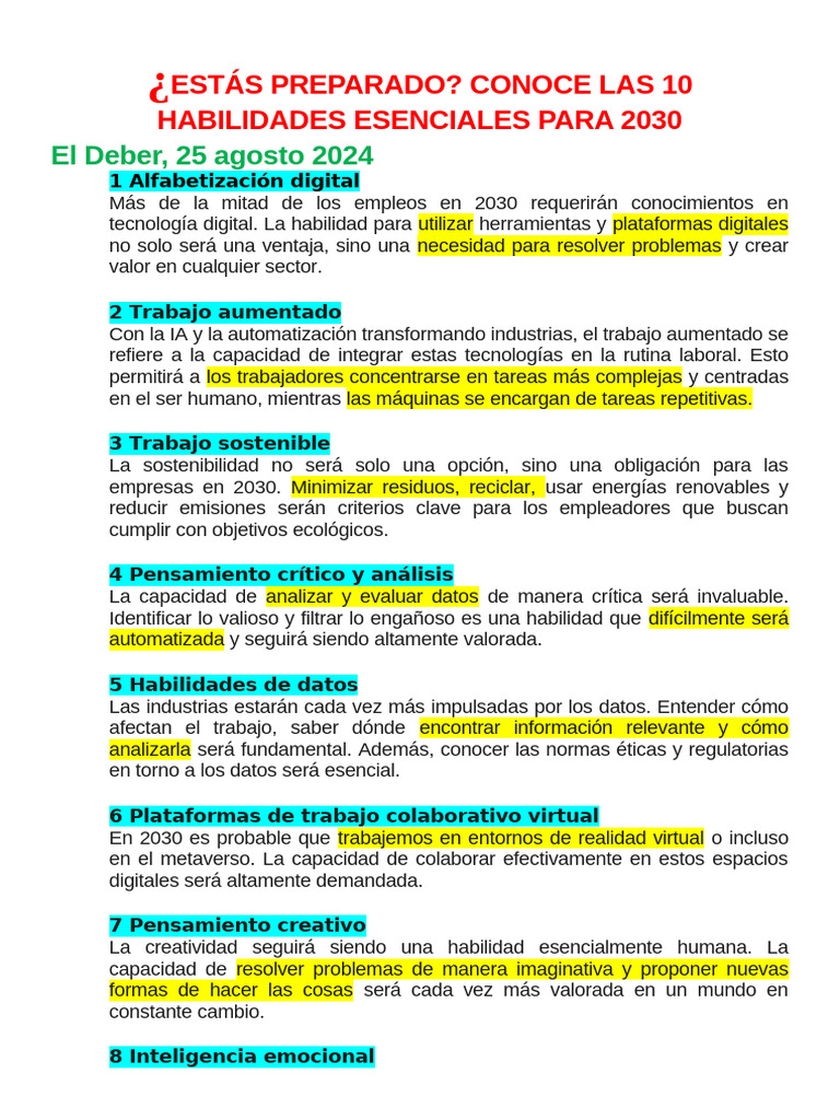 10 habilidades esenciales | PDF | Sustentabilidad | Inteligencia artificial