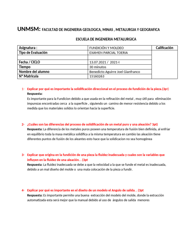 Examen Parcial Teoria de Fundición 636 | PDF | Aleación | Rieles