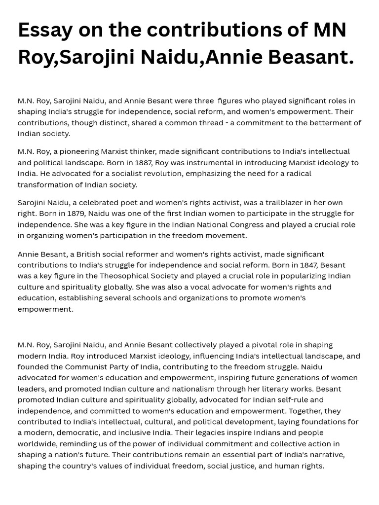 Essay On The Contributions of MN Roy, Sarojini Naidu, Annie Beasant. - 20250108 - 195750 - 0000 ...
