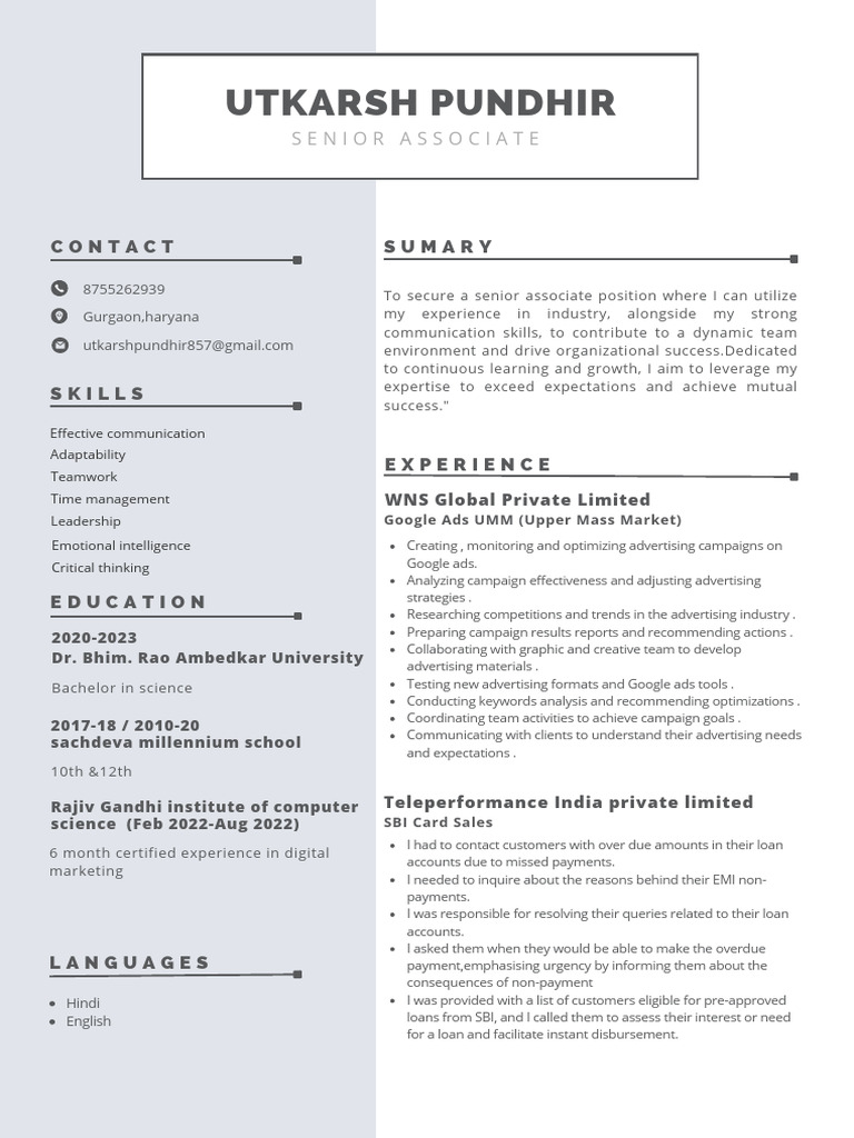 Gray Modern Professional Without Photo Resume | PDF | Advertising ...