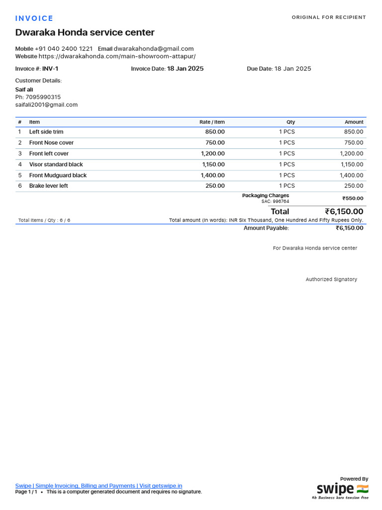 Invoice Dwaraka Honda Service Center INV 1 | PDF | Automotive Industry ...