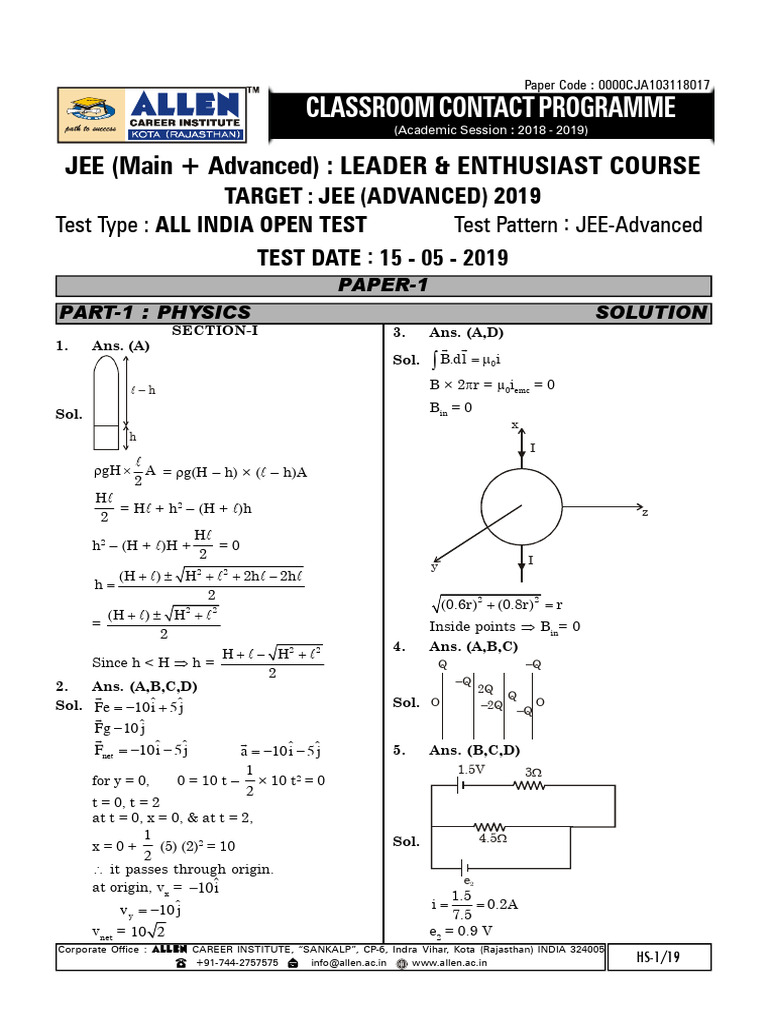 Classroom Contact Programme: Jee (Main + Advanced) : Leader & Enthusiast Course | PDF