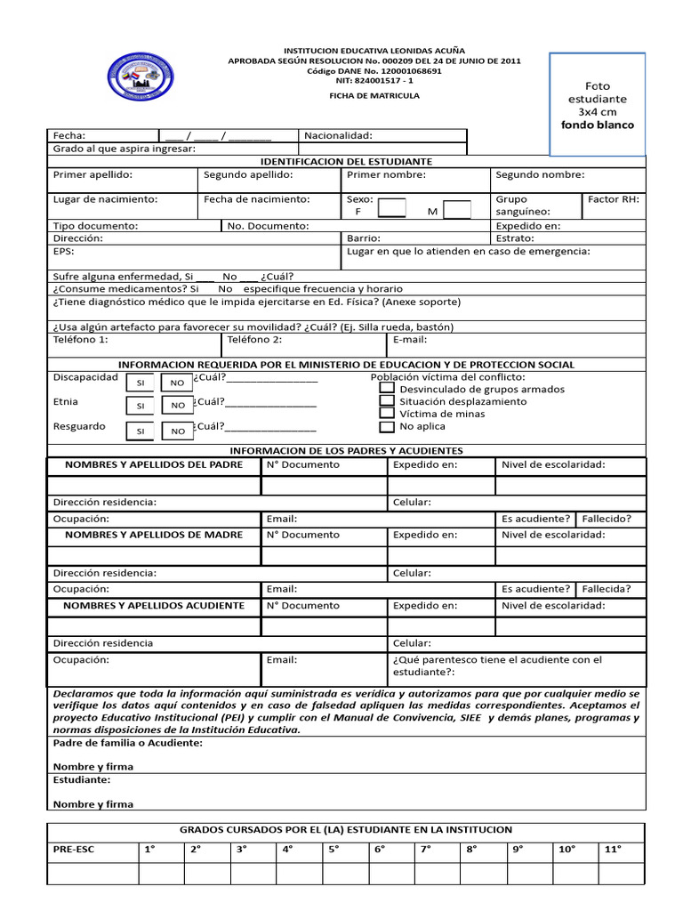 Formato Ficha de Matricula | PDF