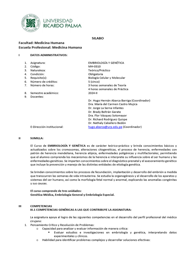 URP Silabo EMBRIOLOGÍA Y GENÉTICA 2024-2 MH-310 | PDF | Epigenética | Trastorno genético