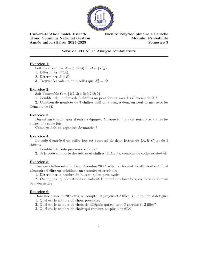 TD de Probabilité S3 - Analyse Combinatoire | PDF