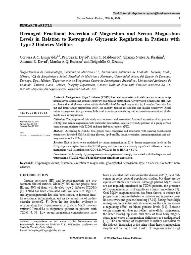 Hb1Ac and Seric Magnesium and FEMg | PDF | Glycated Hemoglobin | Diabetes