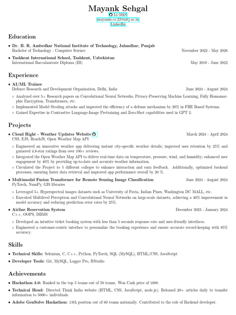 Mayank Sehgal Resume FINAL-2-1 (1) - 1 | PDF | Artificial Neural Network | Artificial Intelligence