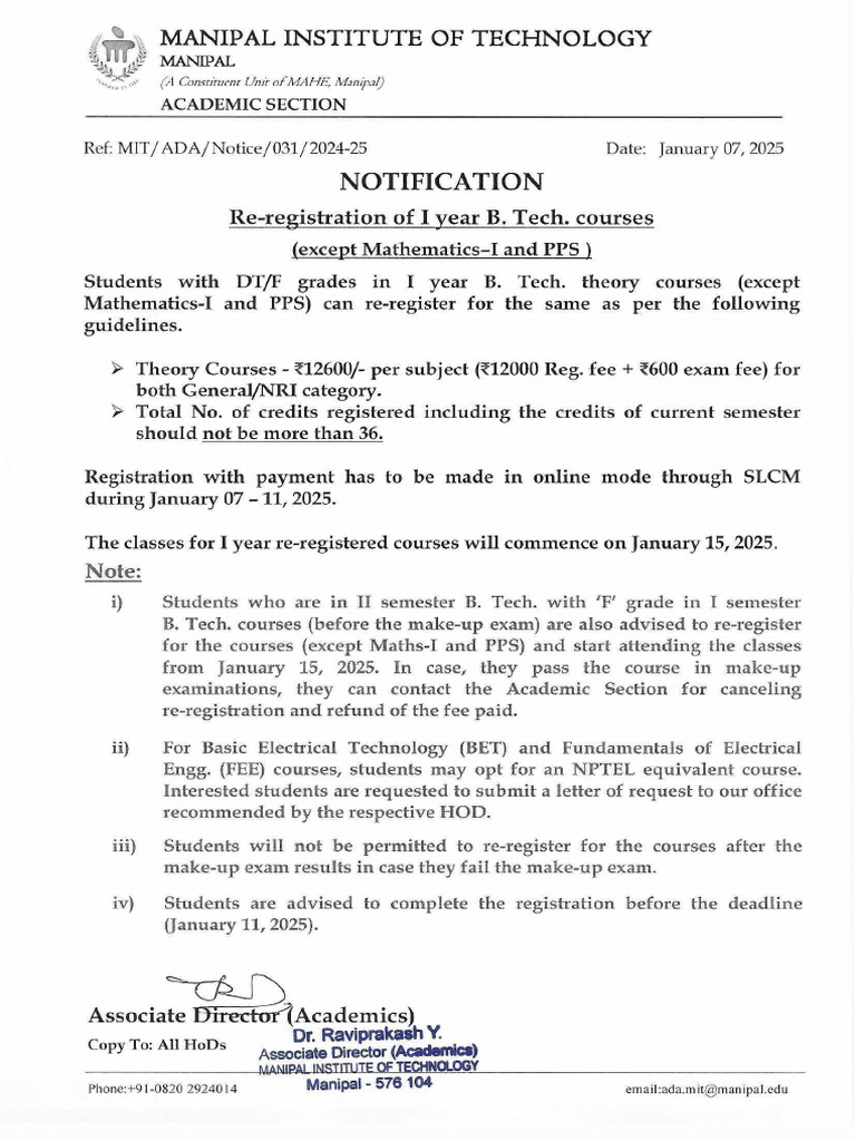 Re-Registration of I Year B.tech Courses 2024-25 | PDF