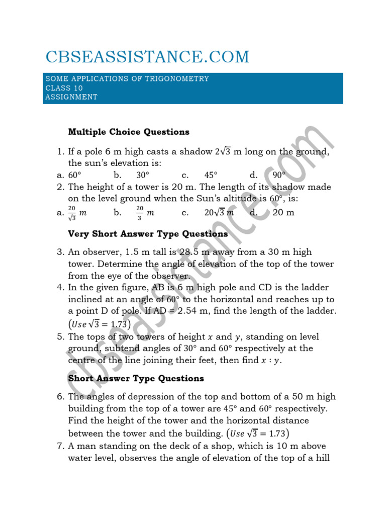 App of Trigonometry Assignment Class 10 | PDF | Angle | Airplane
