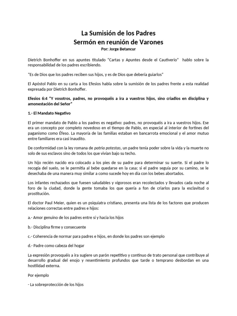 La Sumisión de Los Padres - Sermon Reunión de Varones | PDF | Pablo el ...