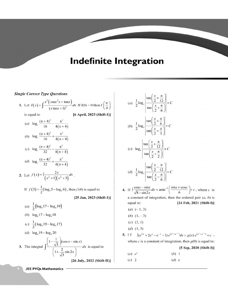 Indefinite Integration - PYQ Pra | PDF
