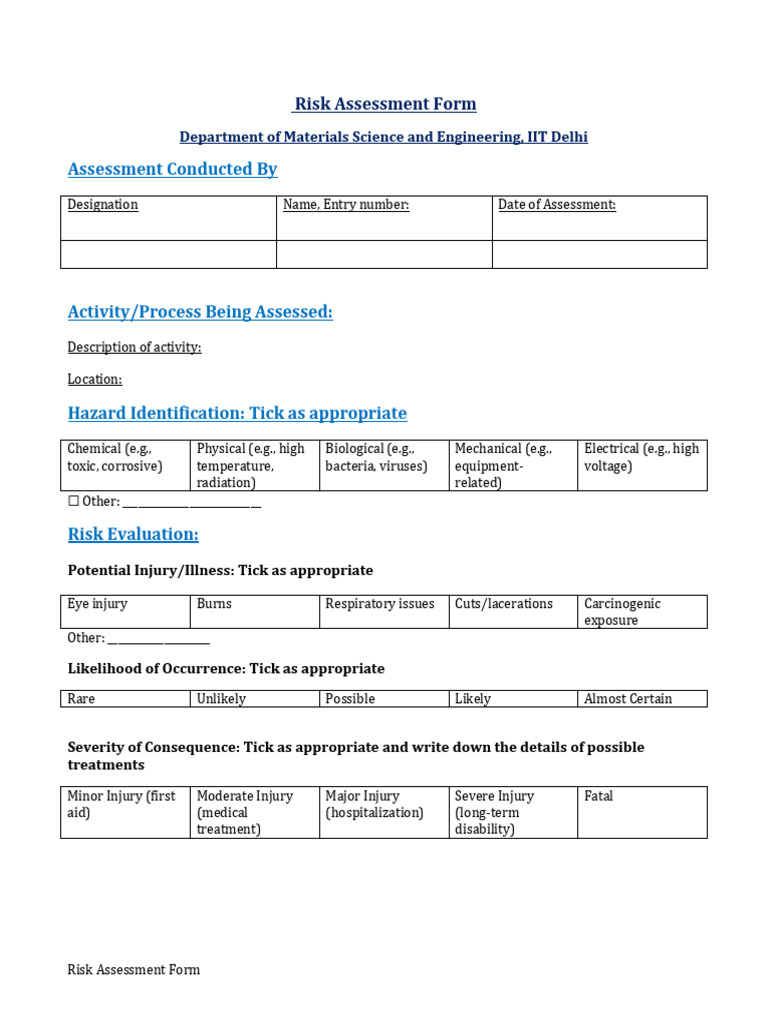 Indian Institute of Technology Delhi Risk Assesment Form | PDF | Risk ...