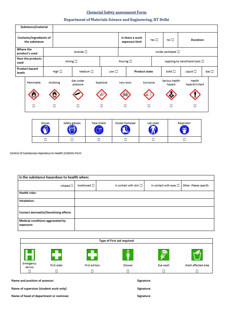 Indian Institute of Technology Delhi Chemical Safety Form | PDF ...