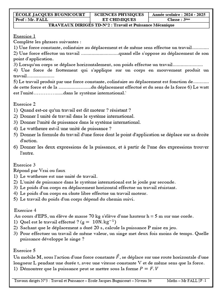 TD-N°3 - TRAVAIL ET PUISSANCE-PC 3è | PDF | Puissance (physique) | Poids