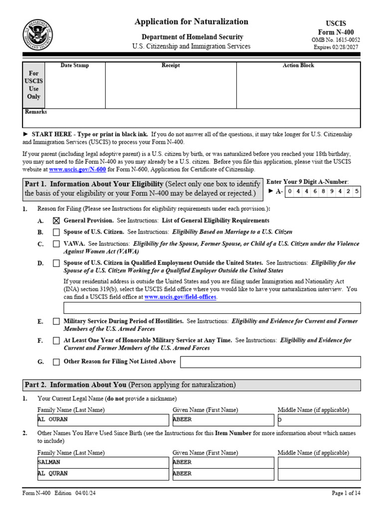 N 400 Naturalization | PDF | Race And Ethnicity In The United States ...