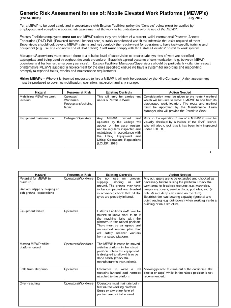 MEWP Risk Assessment Guidelines | PDF | Safety | Occupational Safety ...