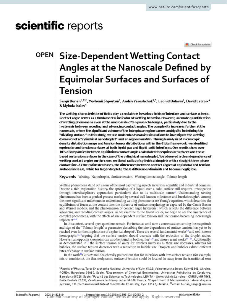 Size-Dependent Wetting Contact Angles at the Nanos | PDF | Wetting | Surface Tension