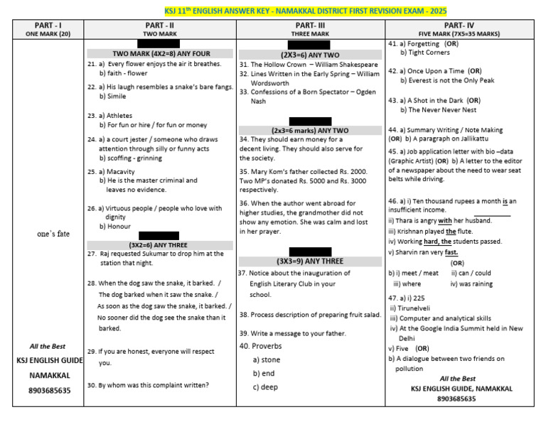 KSJ 11 Eng Key - Namakkal Dt First Revision Exam - 2025 | PDF