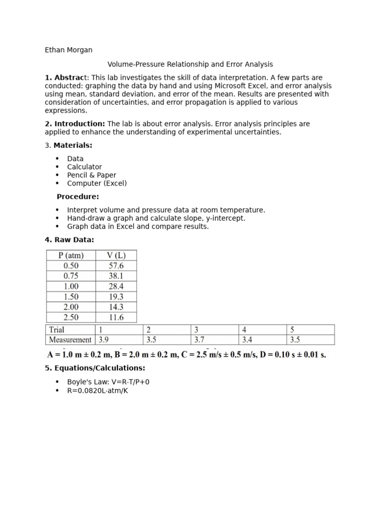 Volume-Pressure Error Analysis Lab | PDF