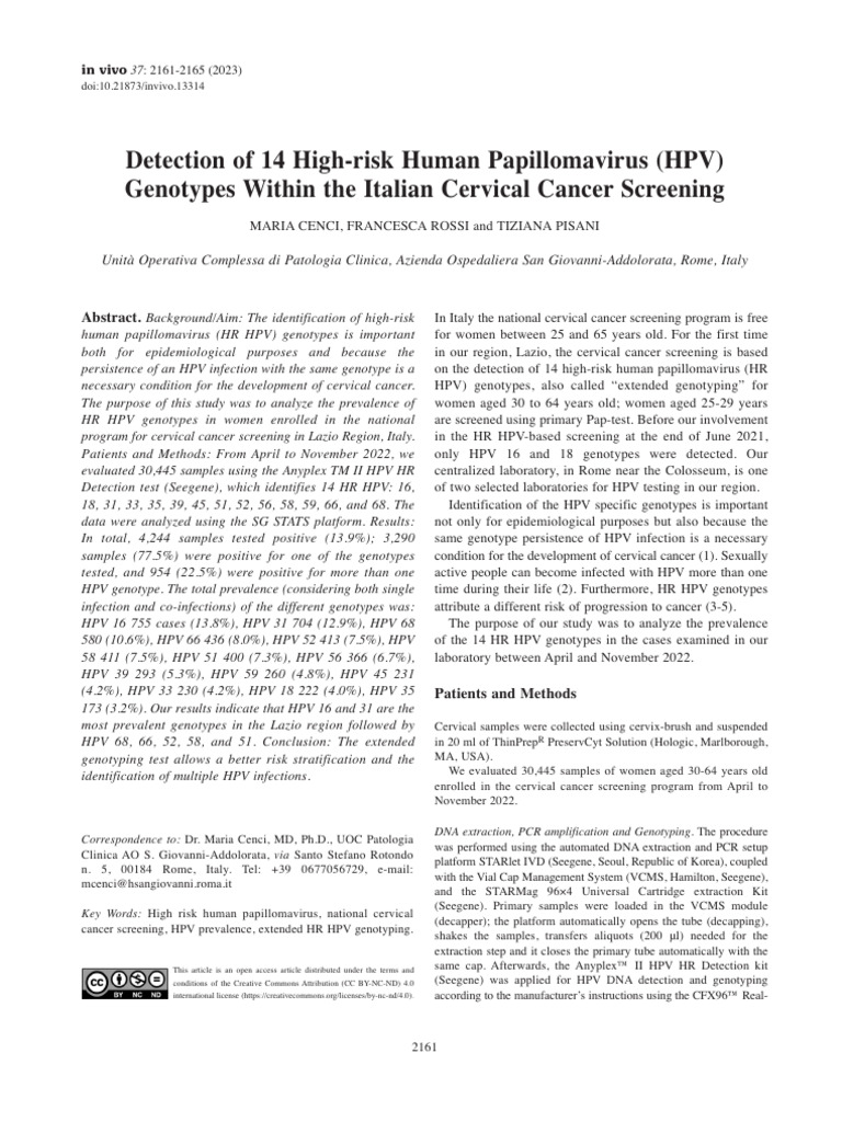 Detection of 14 High-risk Human Papillomavirus (HPV) Genotypes Within ...